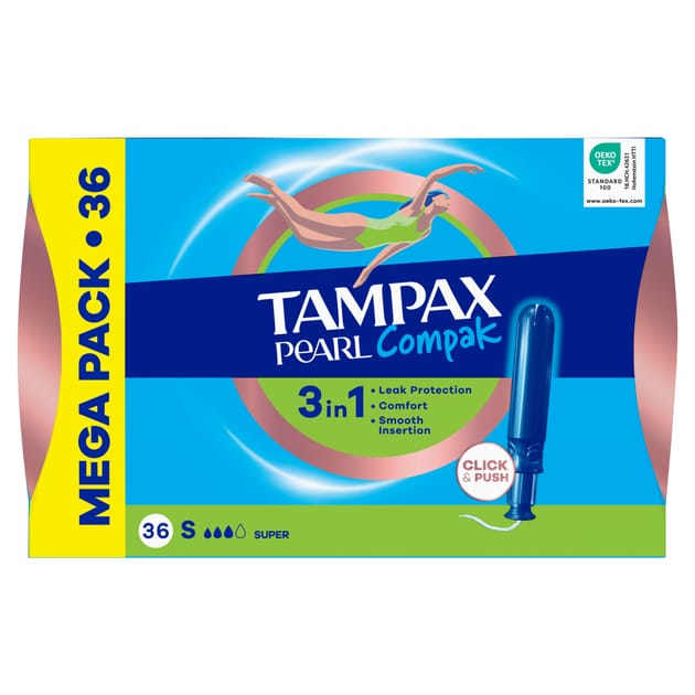 Tampax Pearl Compak Super Tampons Mega 36 Pack | Home Bargains