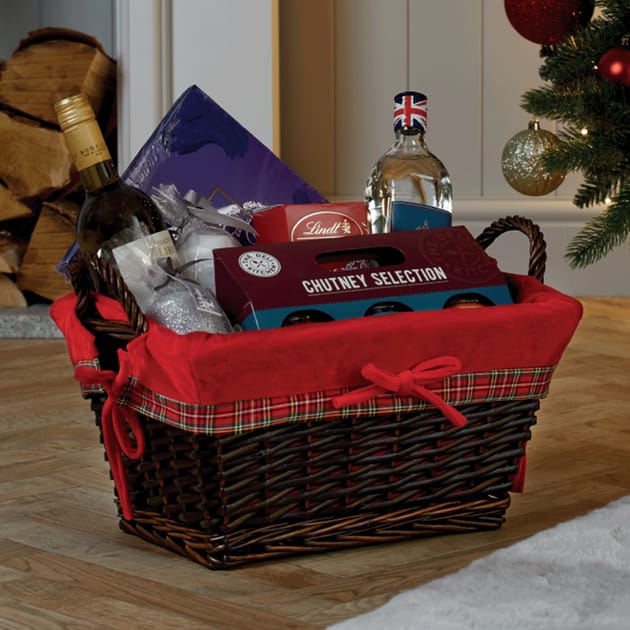 Festive Feeling Medium Christmas Hamper Basket - Brown/Red | Home Bargains