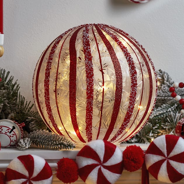 Winter Charm LED Candy Cane Glass Ball | Home Bargains