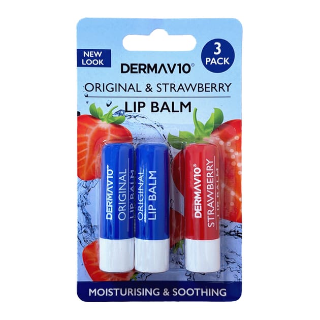 Dermav10 Original & Strawberry Lip Balm 3 Pack | Home Bargains