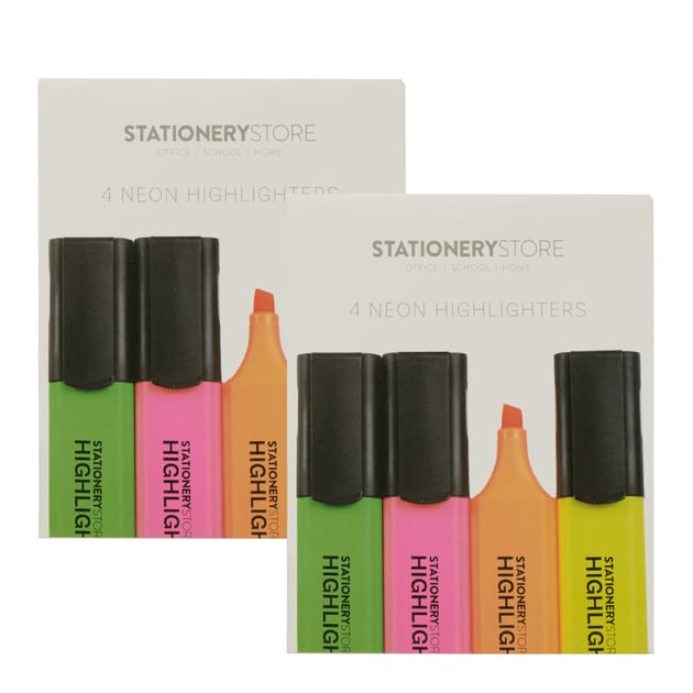 Stationery Store Neon Highlighters 4 Pack x2 | Home Bargains
