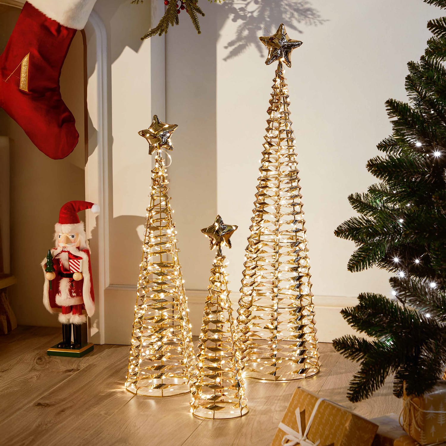 Prestige Mains Operated LED Light-Up Trees Set of 3 - Gold | Home Bargains