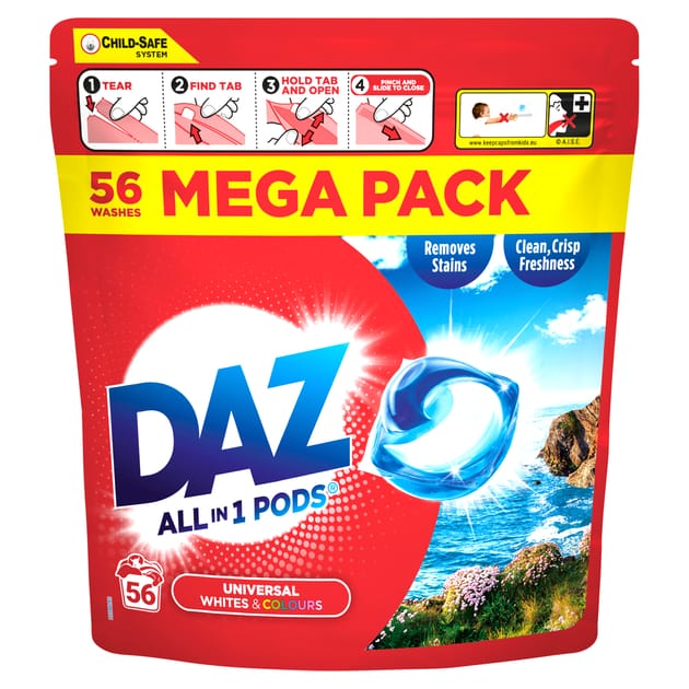 Daz All-In-1 Pods Washing Liquid Capsules For Whites & Colours 56 ...