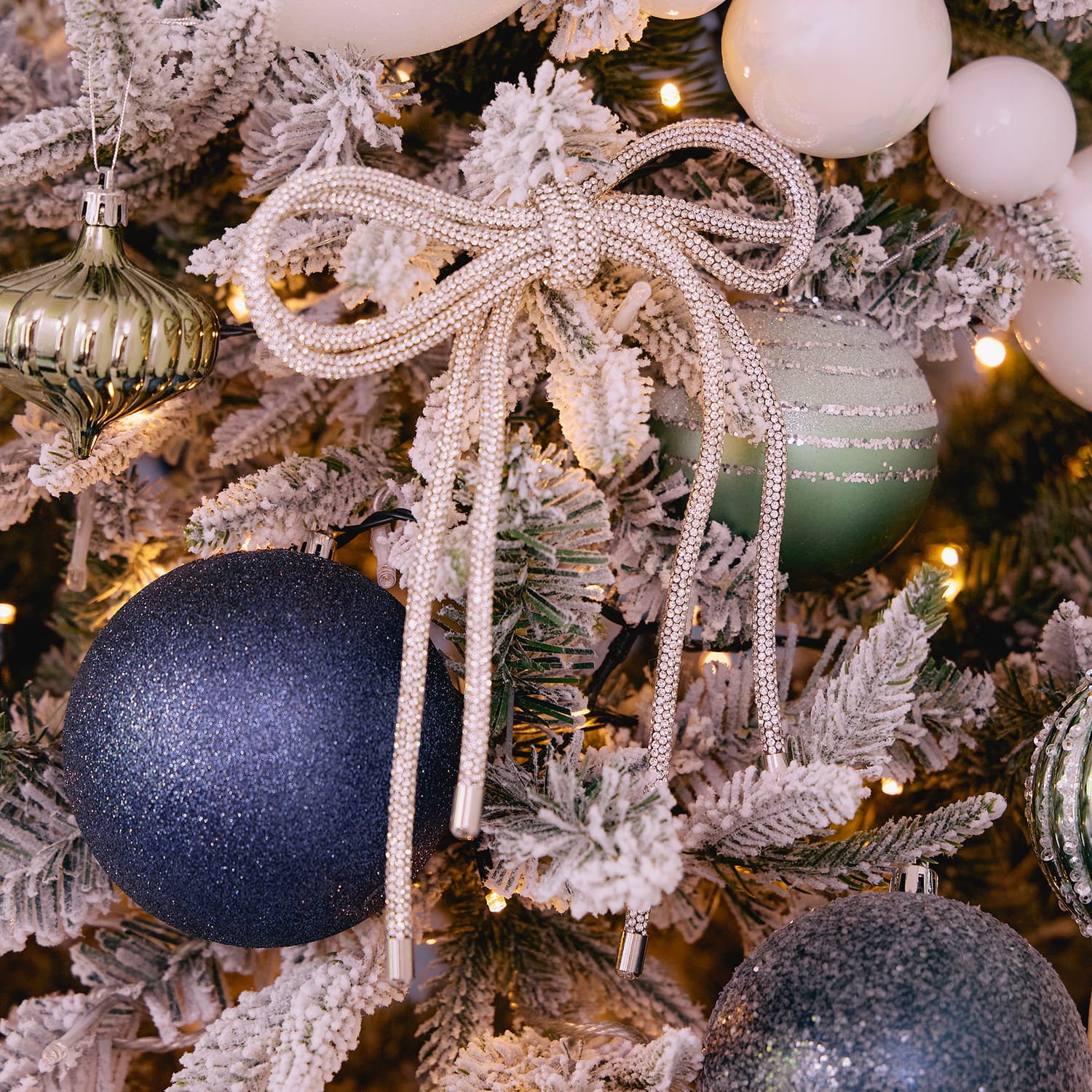 Frosted Spirit Diamonte Hanging Bow Decoration | Home Bargains