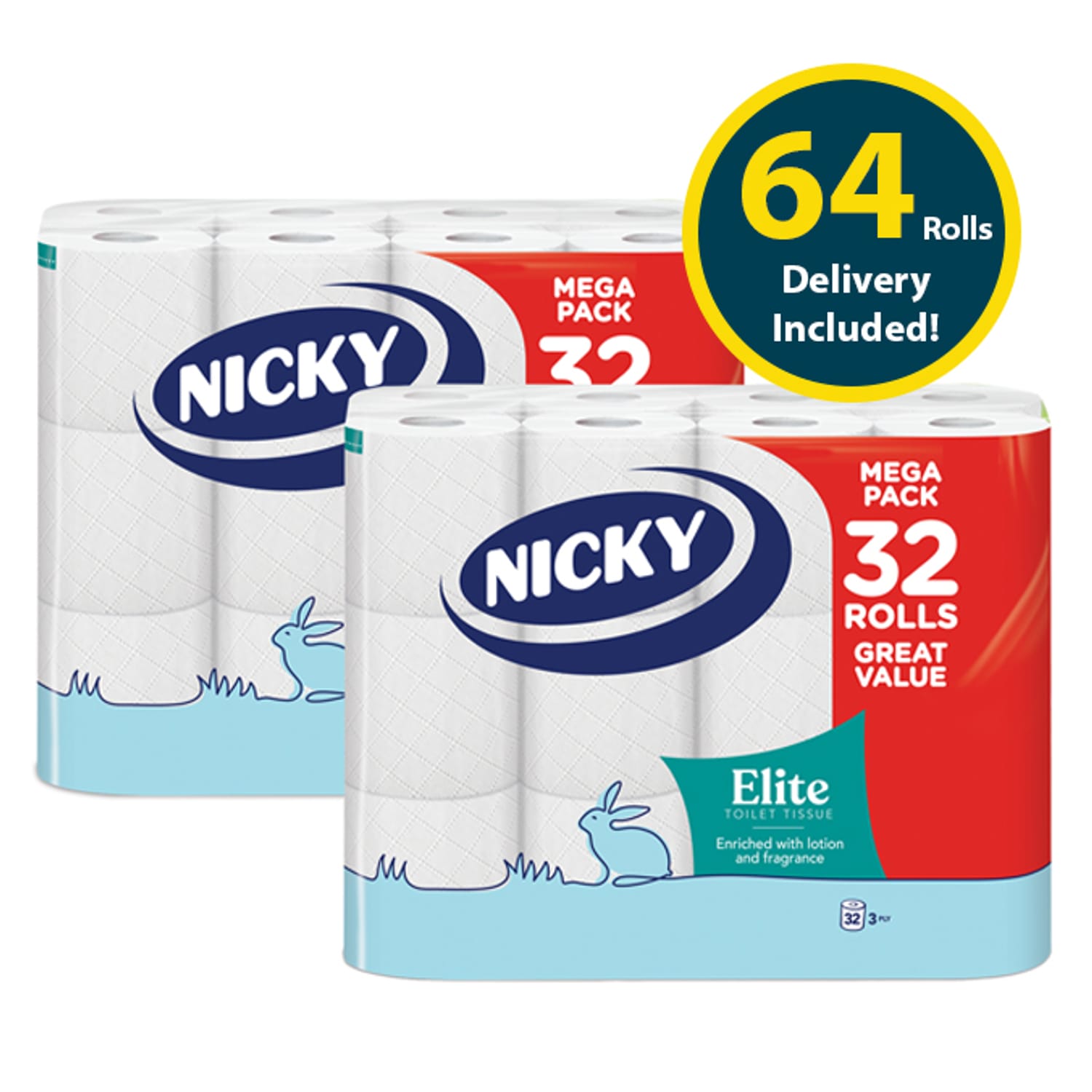 Nicky Elite Quilted 3 Ply Toilet Rolls 64 Pack (Delivery included ...