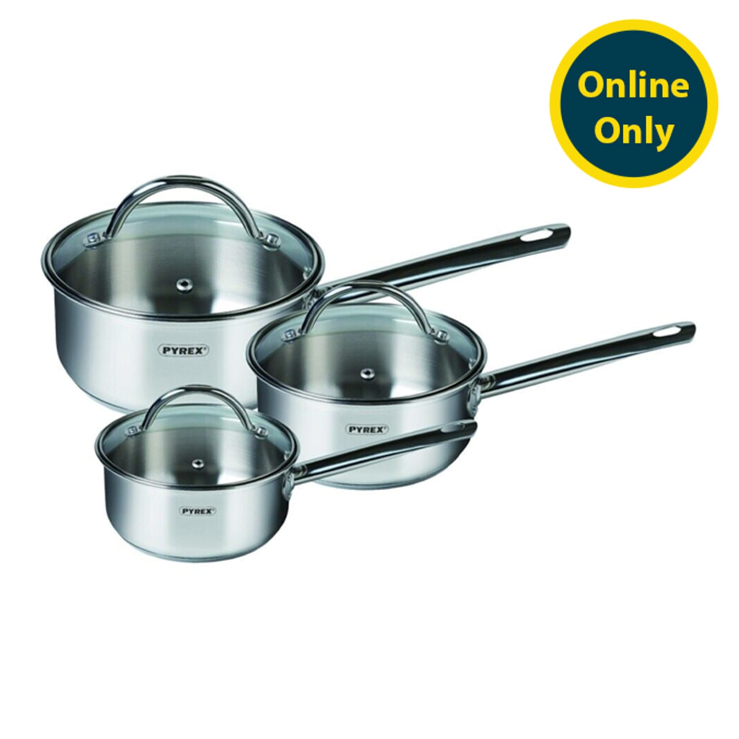 Pyrex Master 3PC Stainless Steel Saucepan Set & Glass Lids | Home Bargains