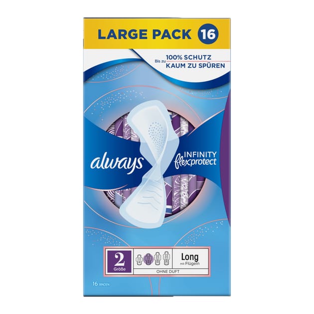 Always Infinity Flex Protect Long Sanitary Towels With Wings 16 Pads | Home Bargains