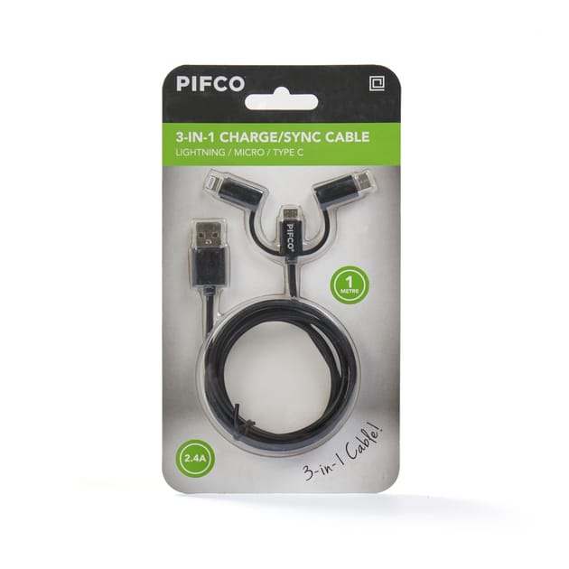 Pifco 1M 3-In-1 Lightning/Micro/Type-C Cable | Home Bargains