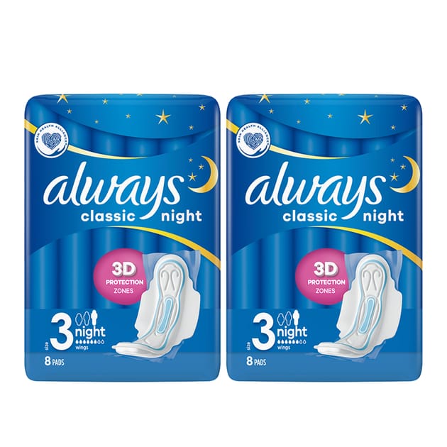 Always Classic Night Sanitary Towels Wings 8s Size 3 x2 | Home Bargains