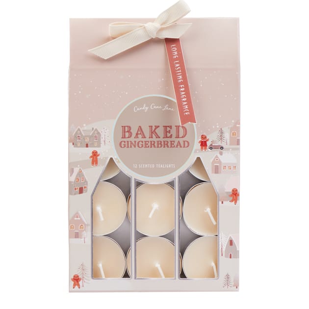 Candy Cane Lane Tealights 12 Pack - Baked Gingerbread | Home Bargains
