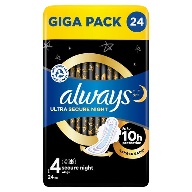 Always Ultra Secure Night Sanitary Towels with Wings 24s - Size 4 ...