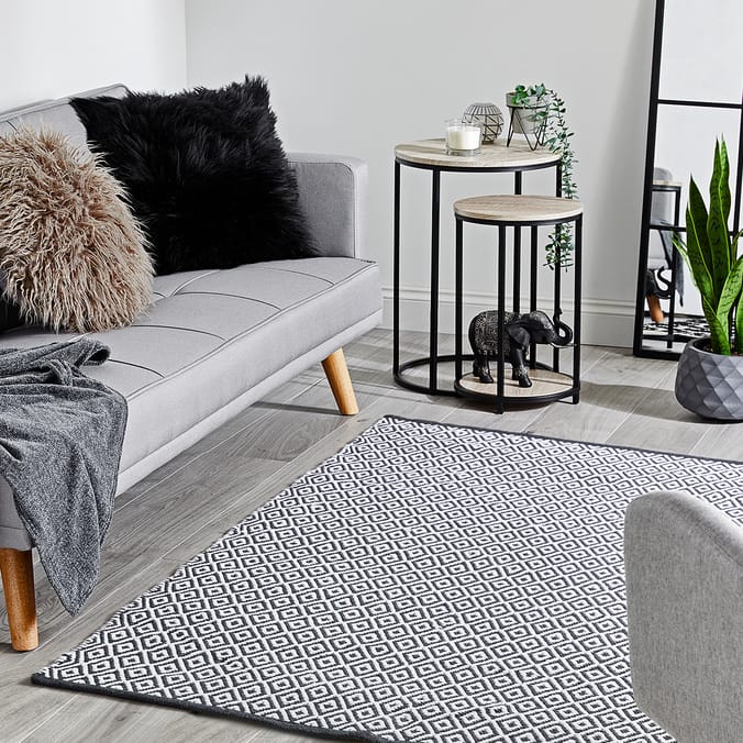 Loft Range Diamond Pattern Woven Rug rugs patterned living room dining rooms hallway bedroom grey and white 100 cotton 10398333 Home Bargains