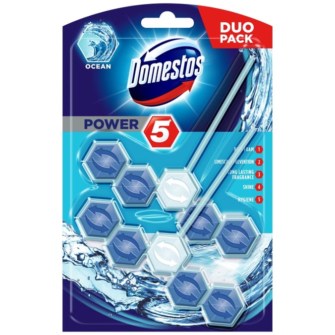 Domestos Power 5 Ocean Toilet Rim Block Duo Pack, toilets cleaning ...
